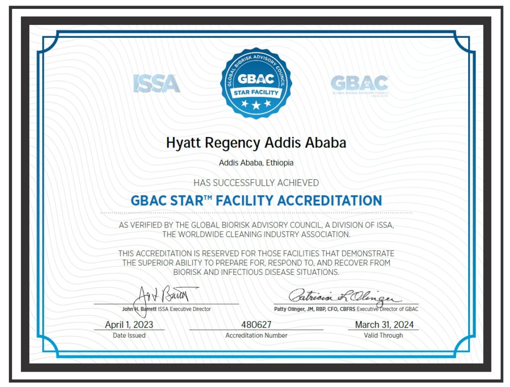 Hyatt Regency Addis Ababa – GBAC accreditation for 2023-24 | ASB Holdings